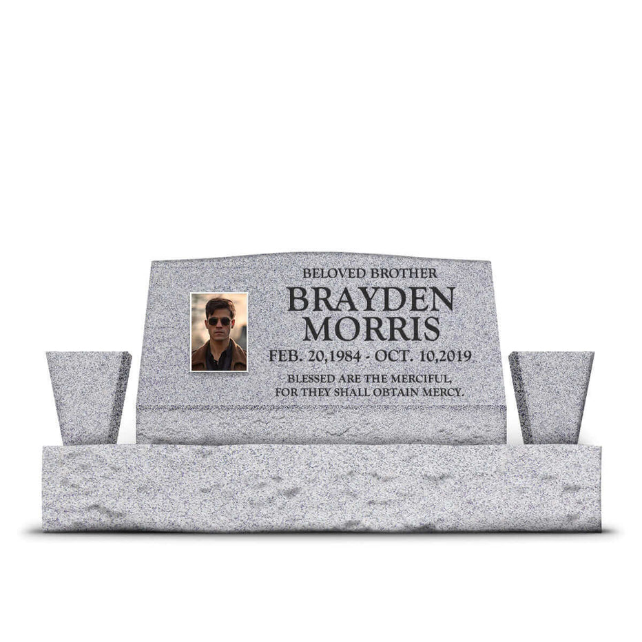 36″ x 10″ x 16″ Slant Headstone with 52″ Base & Two Vases