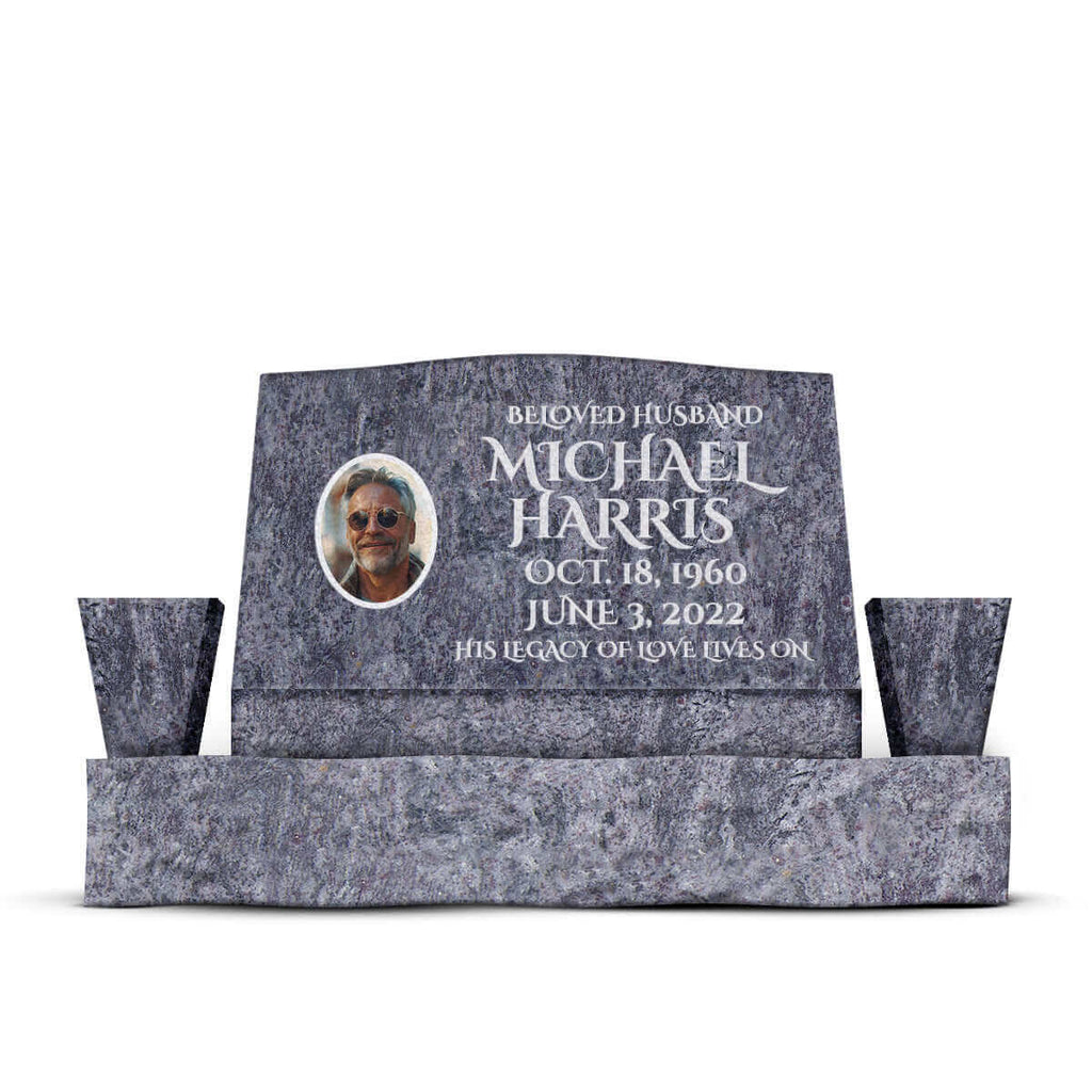 30″ x 10″ x 16″ Slant Headstone with 42″ Base & Two Vases