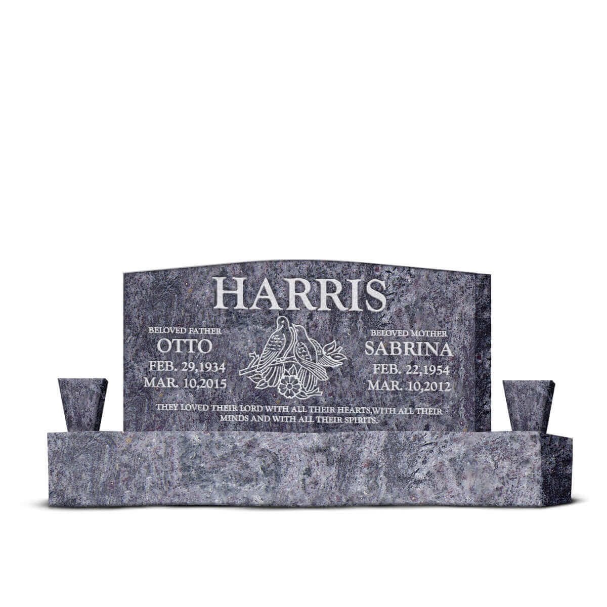 48″ x 6″ x 24″ Upright Headstone with 66″ Base & Two Vases
